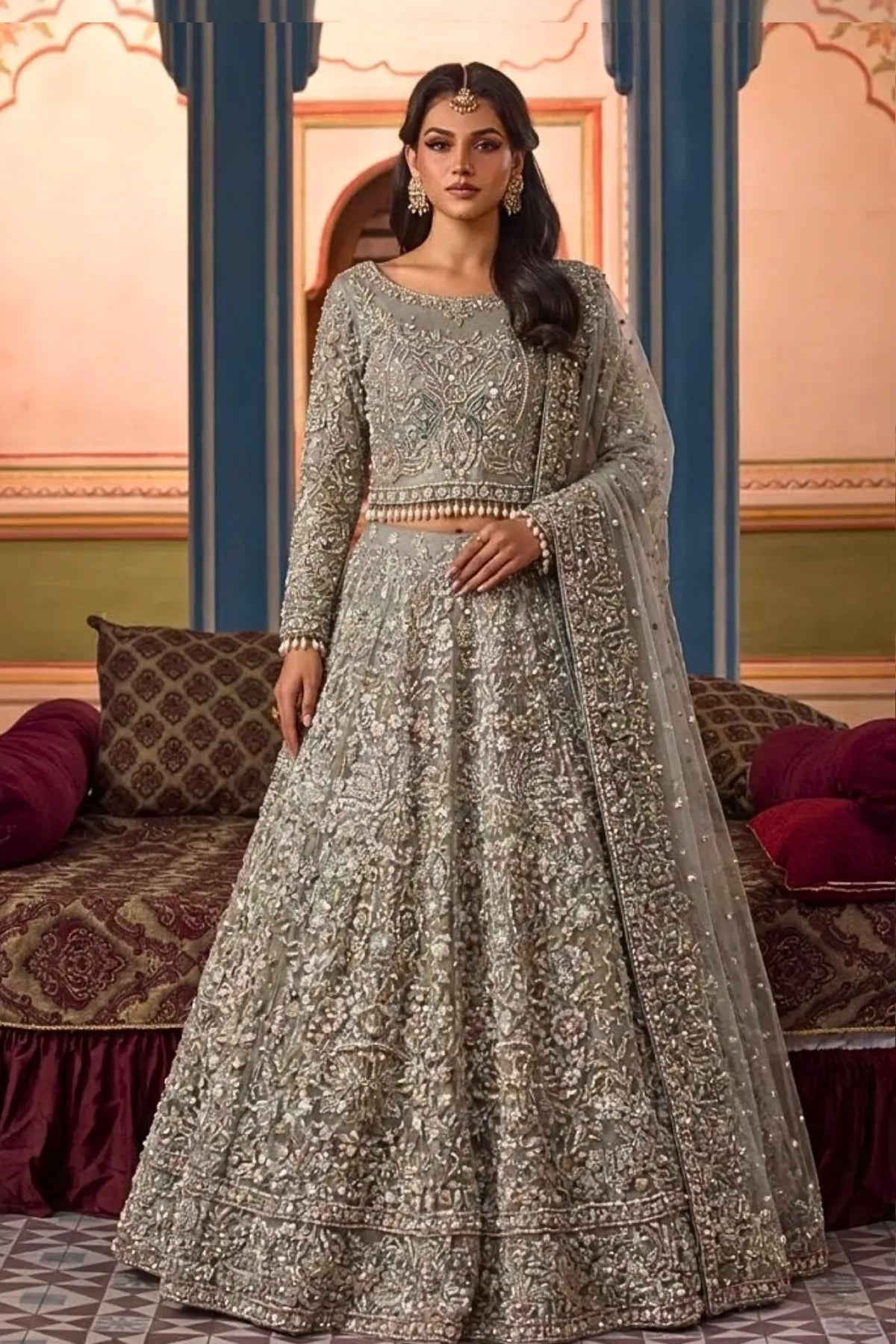 Lengha Bridal Walima Silk S Steel Grey Dina Dream Stitched Ready wear ...