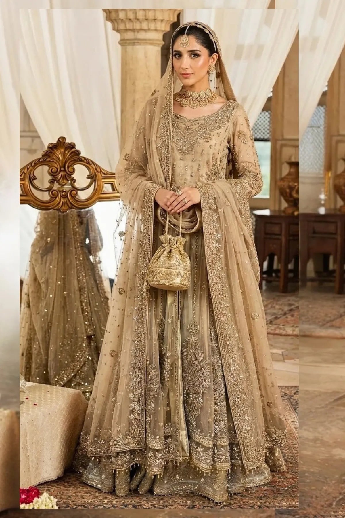 Lengha Bridal Walima Silk S Linen Cream Amina Adorn Stitched Ready wear ...