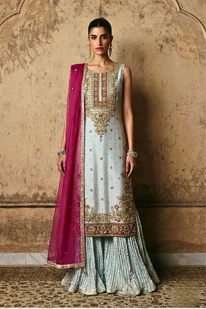 Gharara Bridal Party Wear Silk S French Blue Sadaf Stitched Ready wear ...